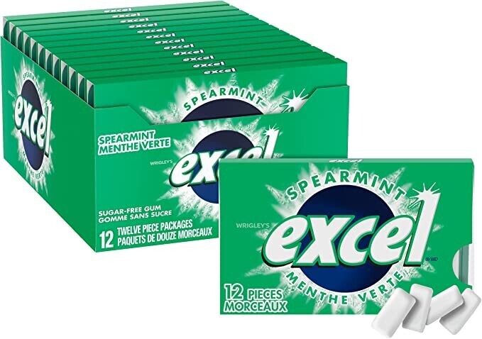 EXCEL, Spearmint Flavoured Sugar Free Chewing Gum, 12 Pieces, 12 Packs ...